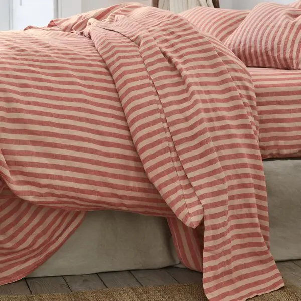 PIGLET IN BED Pembroke Stripe Linen Flat Sheet, Twin - Sandstone Red