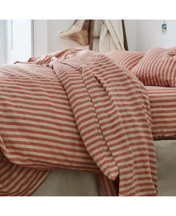PIGLET IN BED Pembroke Stripe Linen Blend Flat Sheet, Twin - Sandstone Red