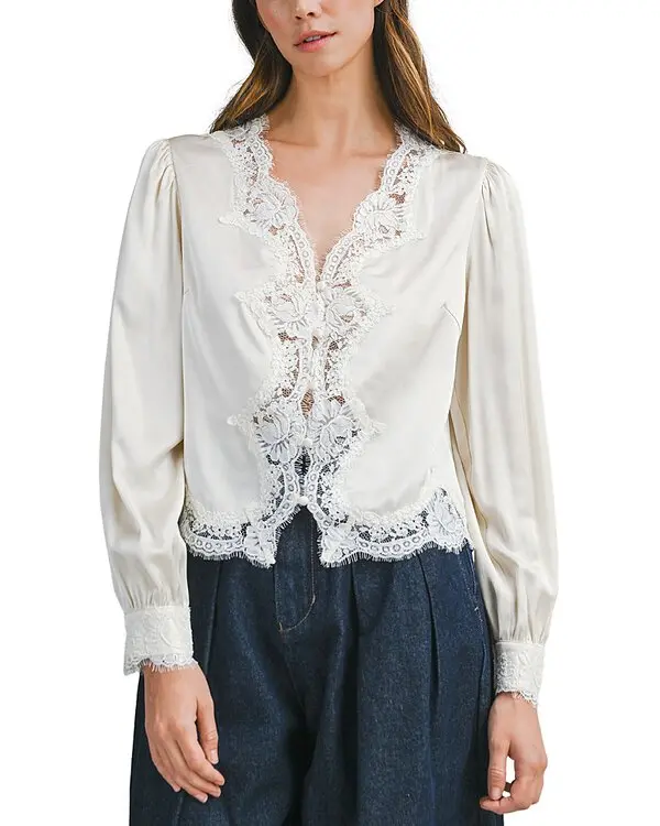 LUVEE Lace Trim Long Sleeve Blouse