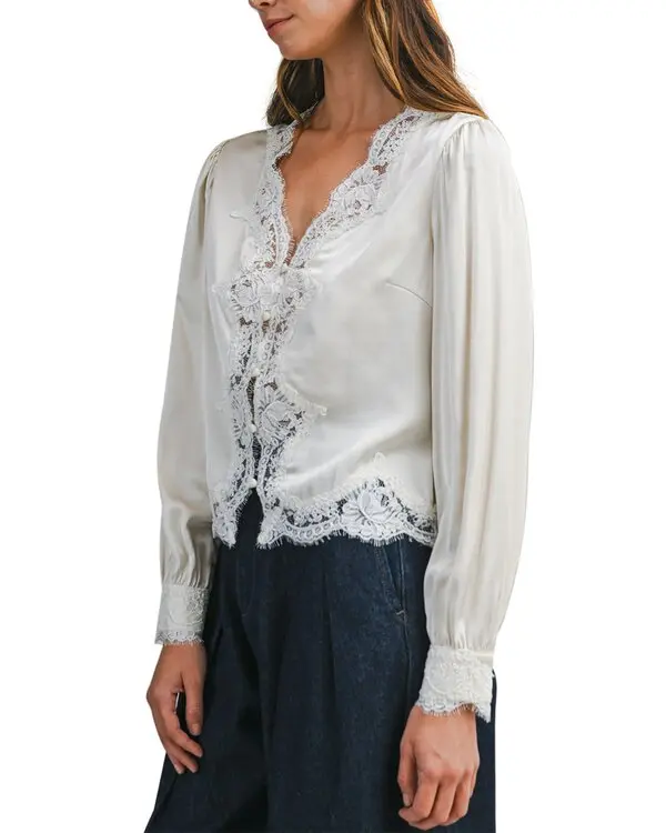 LUVEE Lace Trim Long Sleeve Blouse