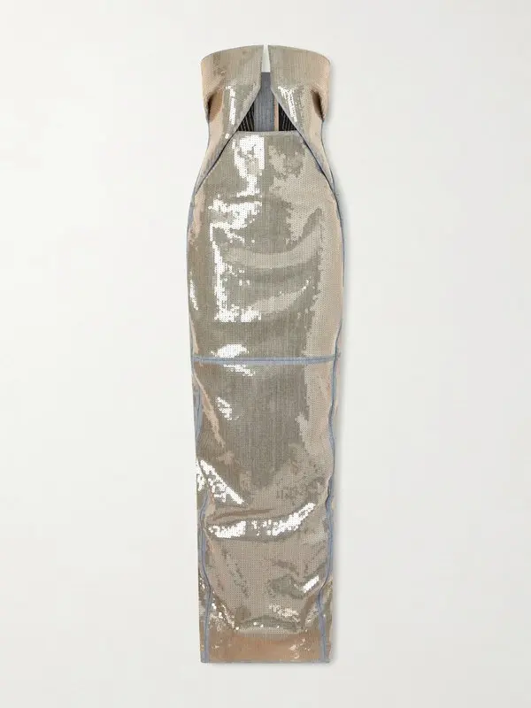 Rick Owens Strapless Cutout Sequined Denim Gown