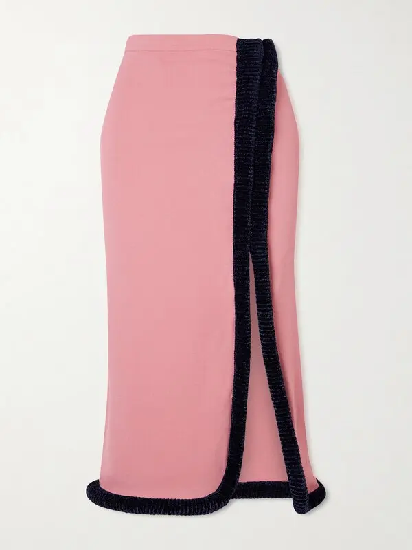 DIOTIMA Castries Velvet-trimmed Stretch-jersey Midi Skirt - Pink