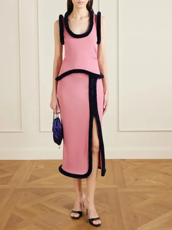 DIOTIMA Castries Velvet-trimmed Stretch-jersey Midi Skirt - Pink