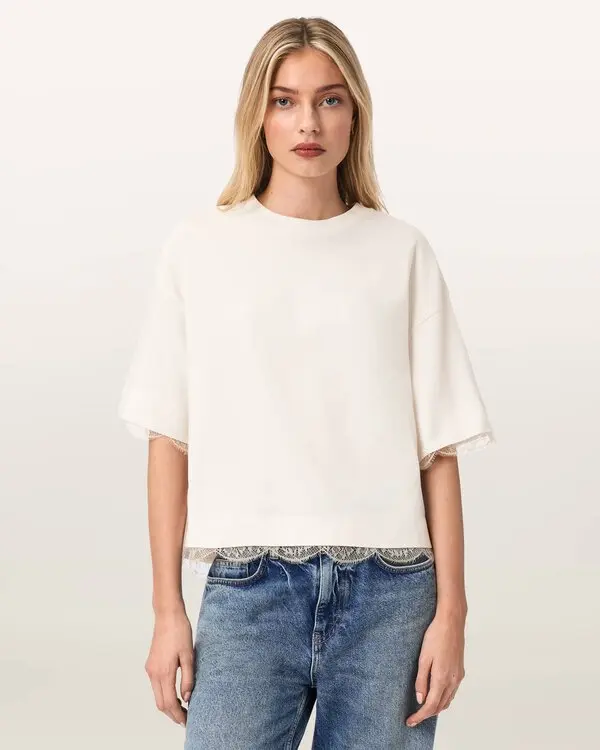 ALLSAINTS Nia Lace Detail Short Sleeve T-shirt - White
