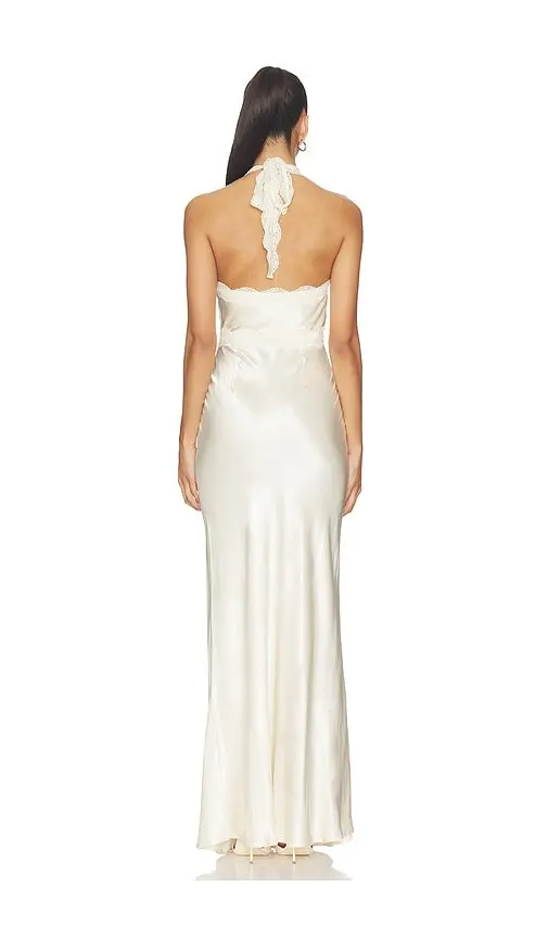 SNDYS. Satin Maxi Dress With Lace Trim - Creme