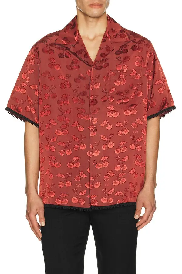 Valentino Garavani Satin Cherry Button Up Shirt In Burgundy - Magenta