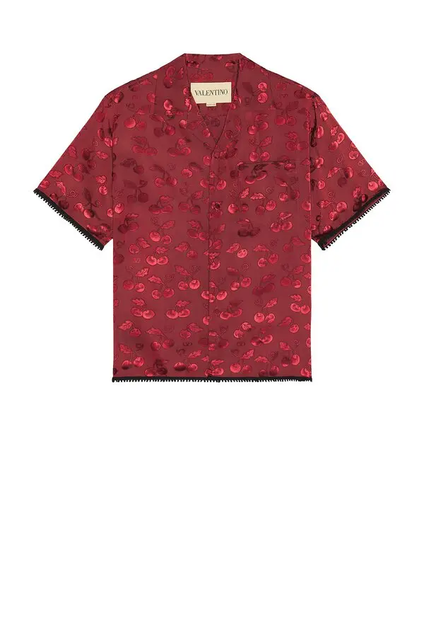 Valentino Garavani Satin Cherry Button Up Shirt In Burgundy