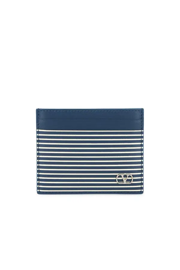 Valentino Garavani Classic Stripe Card Holder In Blue - Bright Marine & Butter