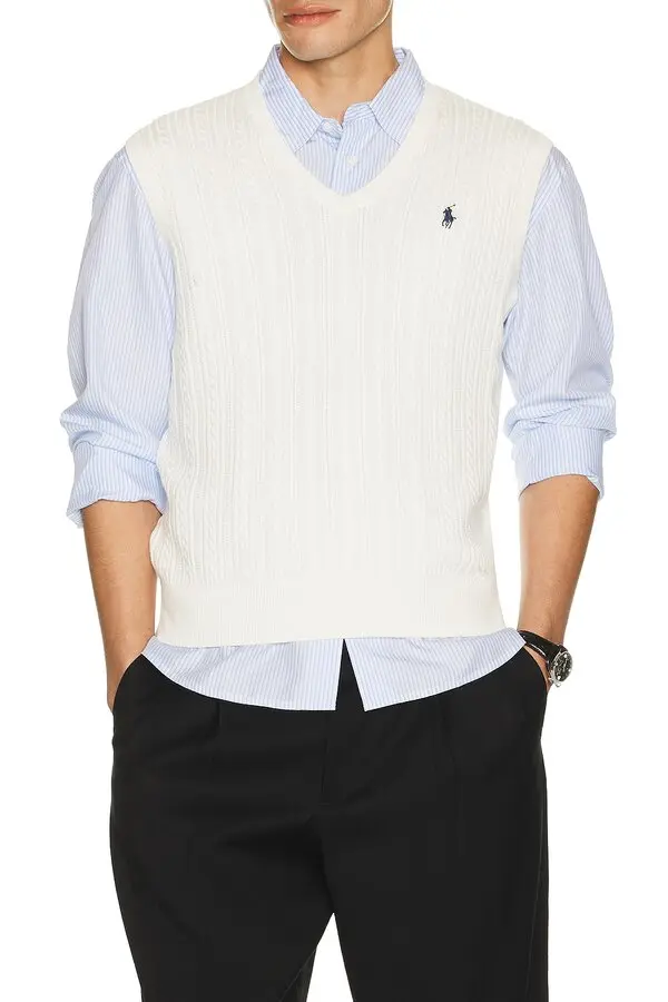 Polo Ralph Lauren Sleeveless Featherweight Cable Knit V-neck Sweater Vest In White - Deckwash White