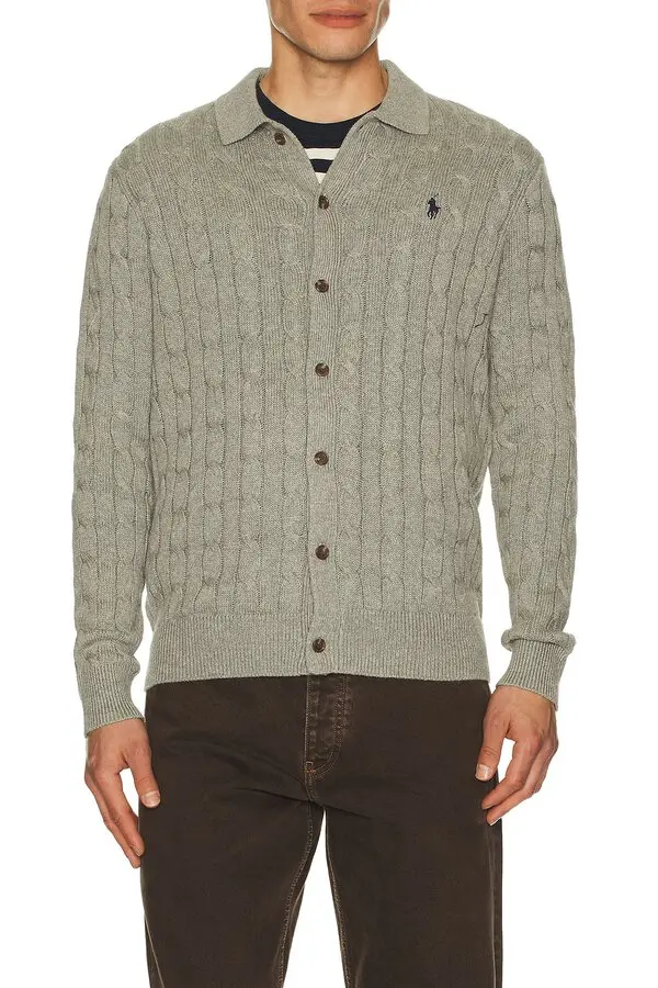 Polo Ralph Lauren Button Placket Cardigan Sweater In Grey - Camel Melange