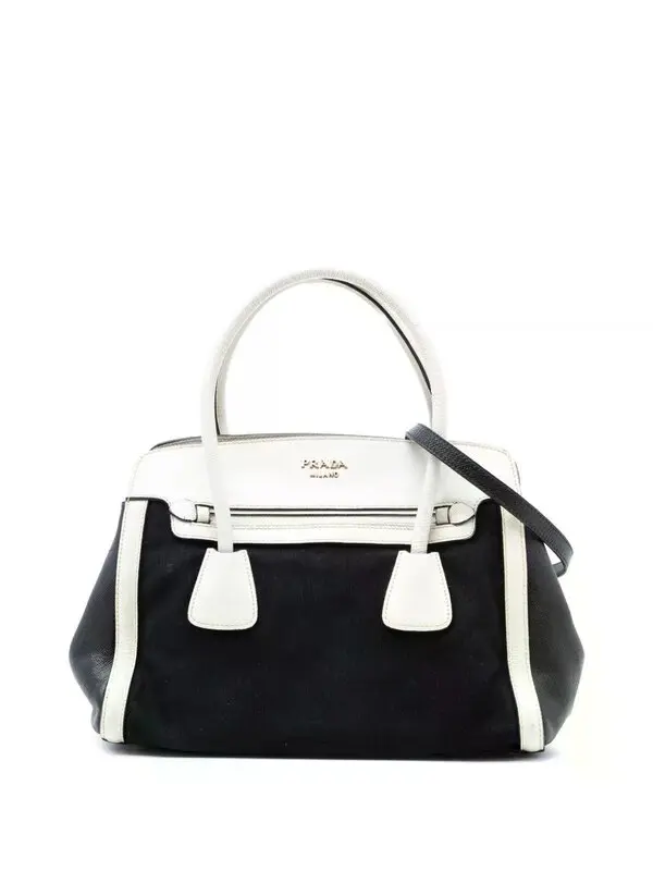 Prada Bicolor Saffiano Trimmed Canvas Satchel - Black