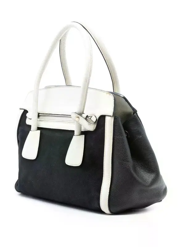 Prada Bicolor Saffiano Trimmed Canvas Satchel - Black