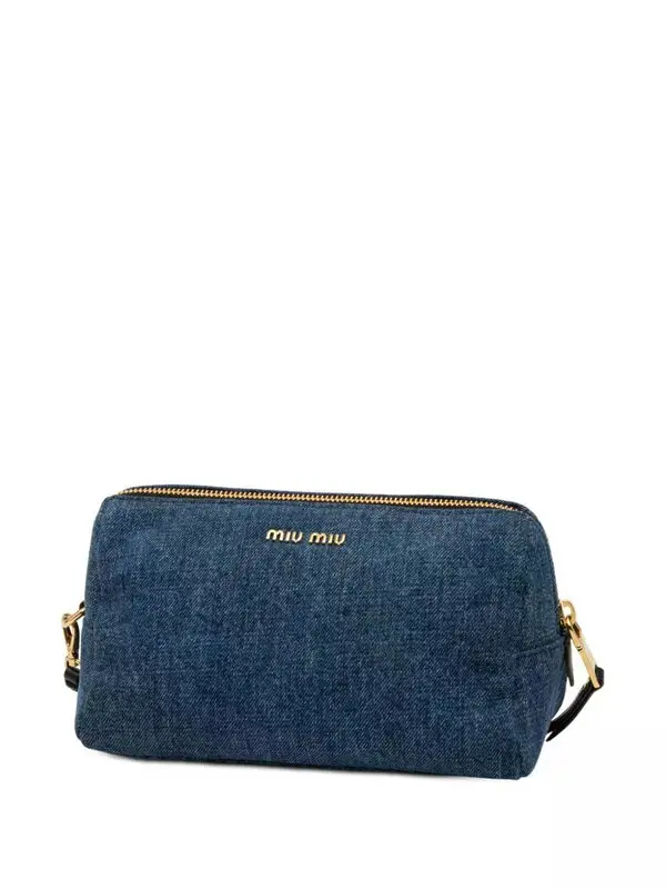 Miu Miu Denim Embroidered Logo Wristlet Pouch