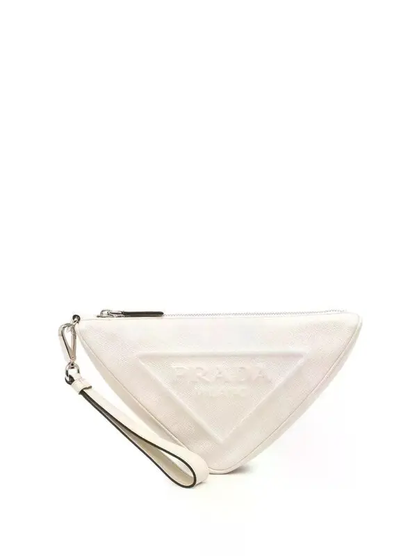 Prada 2013-2025 Saffiano Logo Embossed Triangle Wristlet Pouch Clutch Bag - White