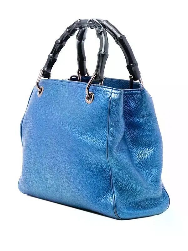 Gucci Small Metallic Calfskin Bamboo Shopper Satchel - Blue