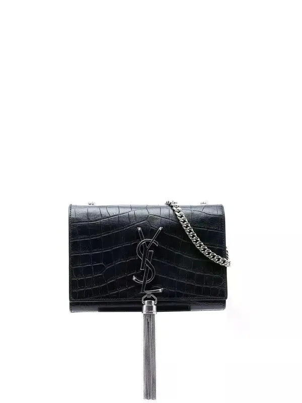 Saint Laurent Small Croc Embossed Monogram Kate Tassel Crossbody Bag - Black