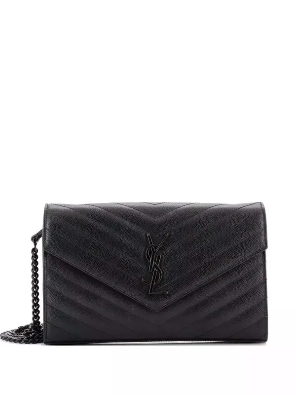 Saint Laurent Classic Monogram Wallet On Chain Matelasse Chevron Leather Medium Crossbody Bag - Black
