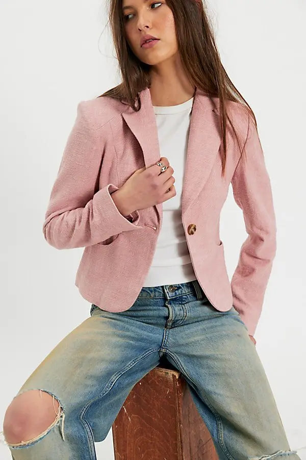 Free People Textured Blazer With Tortoiseshell Button Closure - Pink