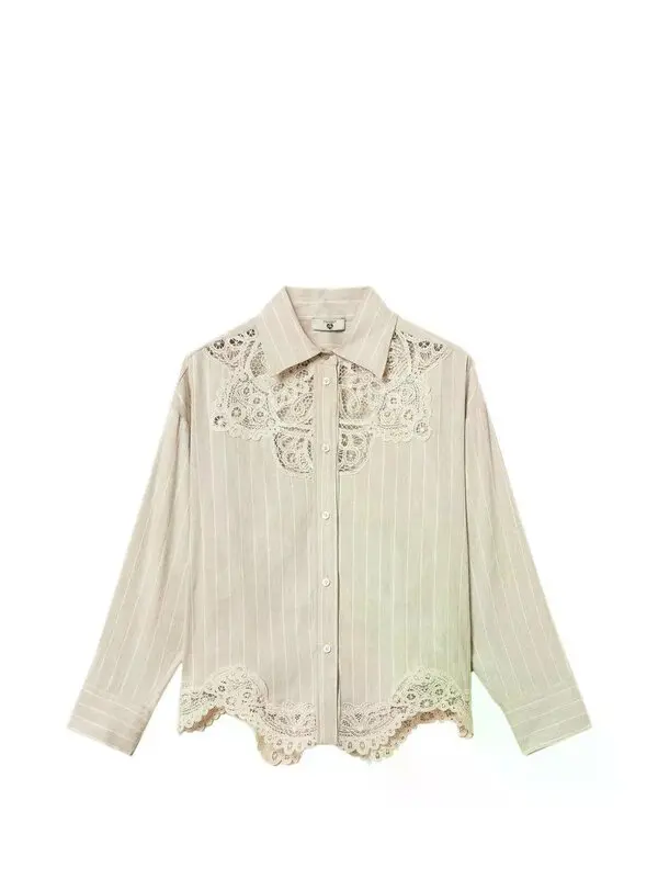 TWINSET Linen Blend Jacquard Shirt With Lace Appliqu