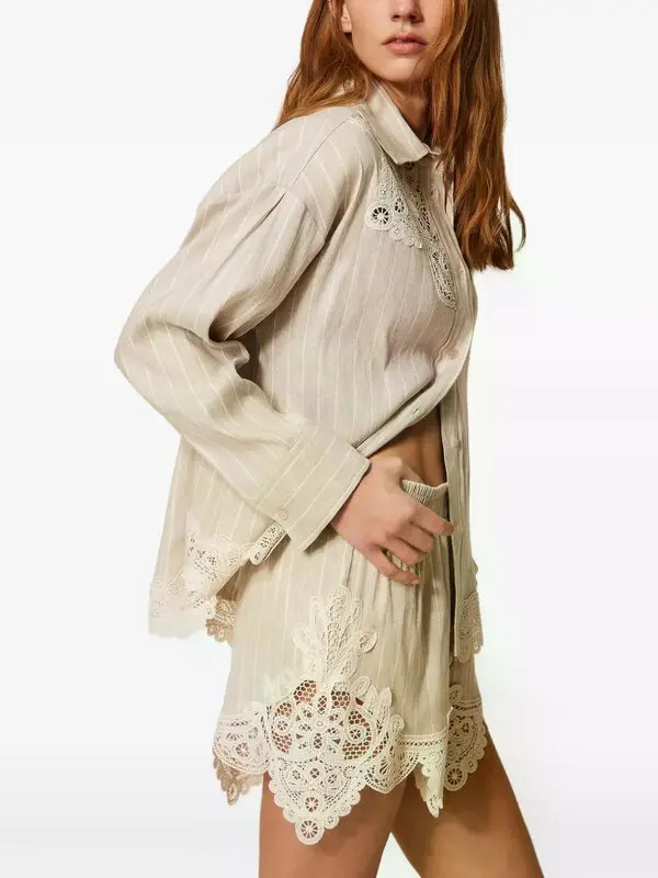 TWINSET Linen Blend Jacquard Shirt With Lace Appliqu