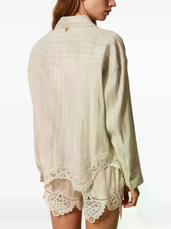 TWINSET Linen Blend Jacquard Shirt With Lace Appliqu