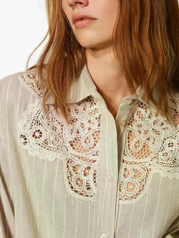 TWINSET Linen Blend Jacquard Shirt With Lace Appliqu