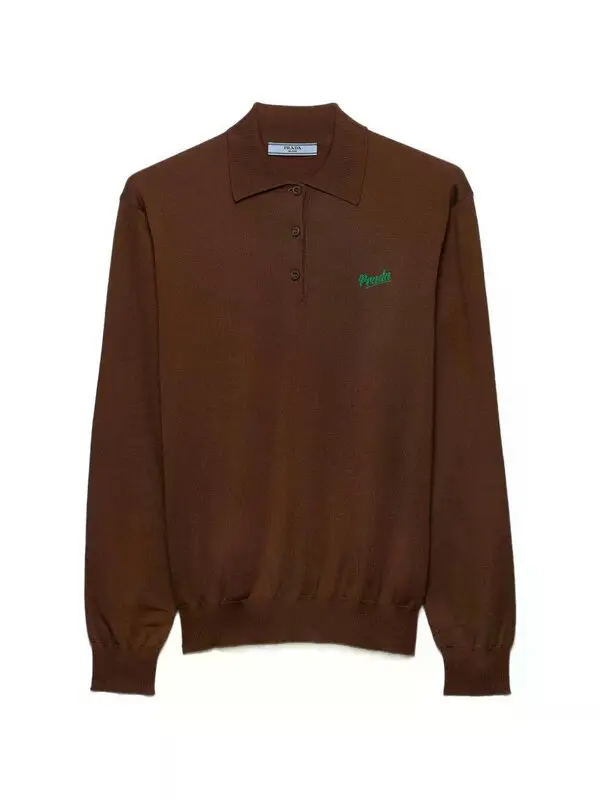 Prada Embroidered Logo Long Sleeve Polo Shirt - Brown