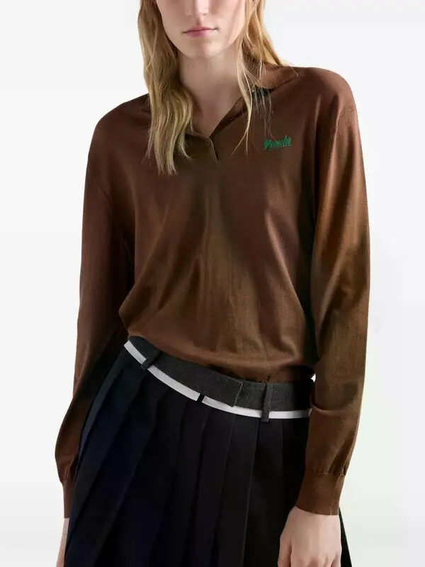 Prada Embroidered Logo Long Sleeve Polo Shirt - Brown
