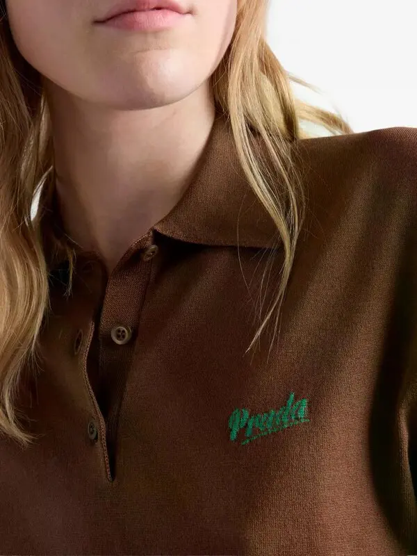 Prada Embroidered Logo Long Sleeve Polo Shirt - Brown