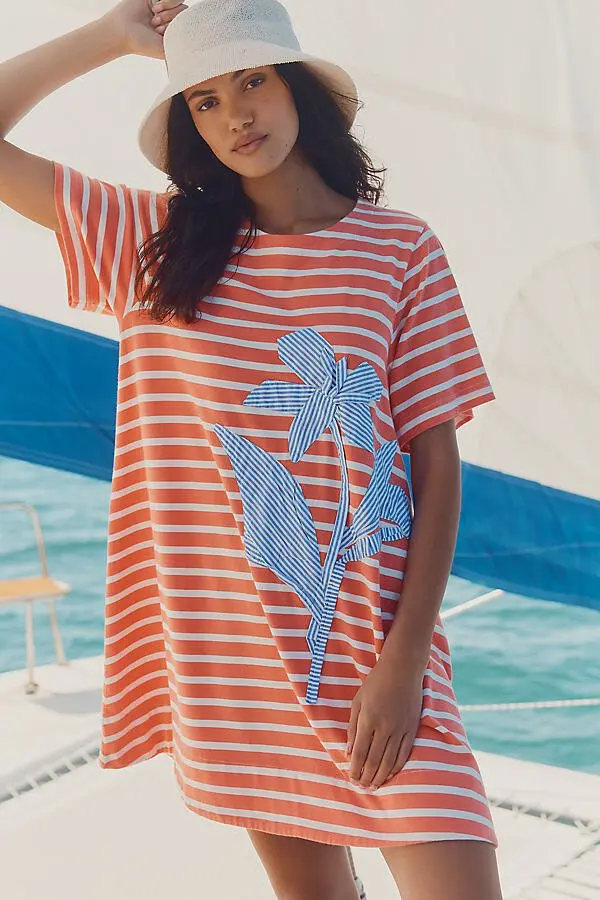 CELANDINE Deco Stripe T-shirt Dress - Coral Stripe