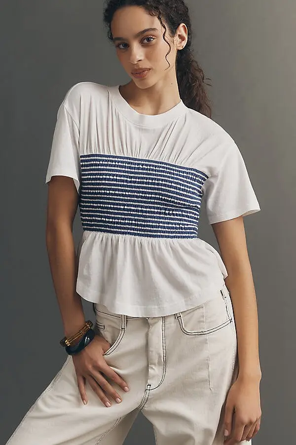 Maeve Cotton Smocked Tee - White Stripe