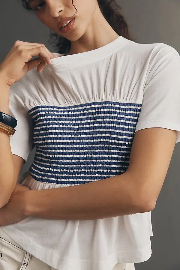 Maeve Cotton Smocked Tee - White Stripe