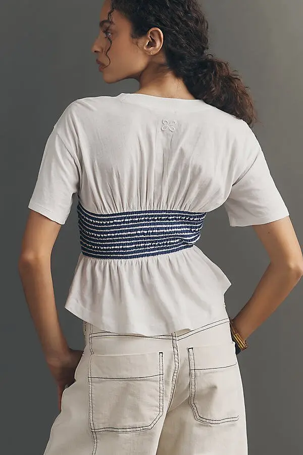 Maeve Cotton Smocked Tee - White Stripe