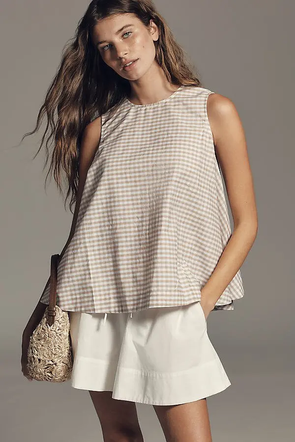 MAUDE CLUB Alfie Sleeveless Swing Top - Beige Gingham