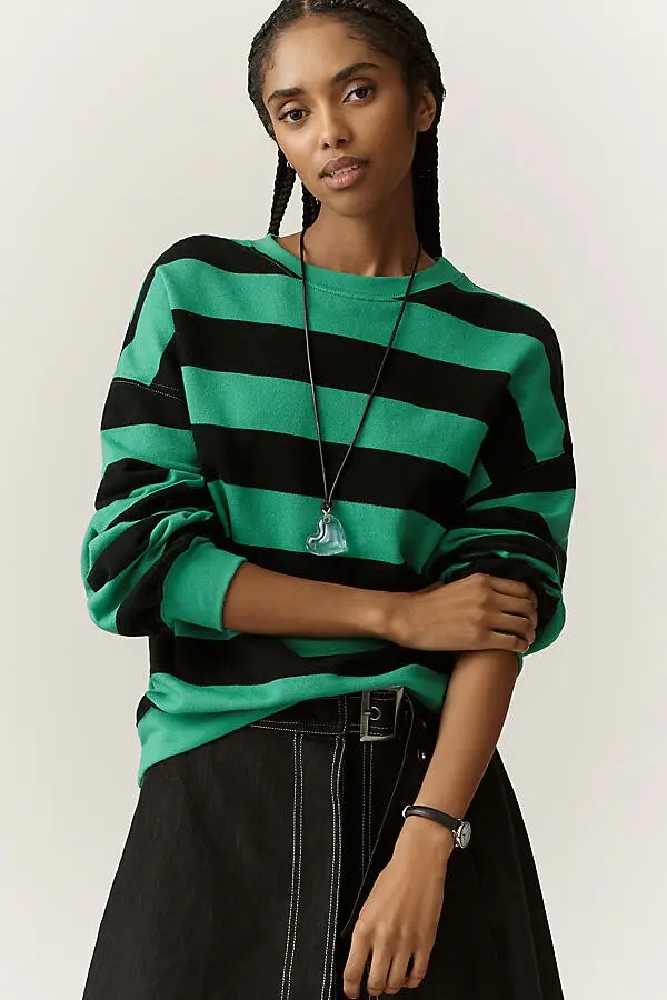LETLUV Striped Long-sleeve Crew-neck Pullover - Green Stripe