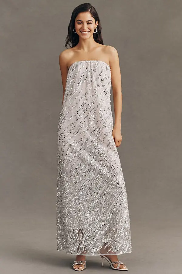HELSI Margot Strapless Sequ Maxi Dress - Silver/off White