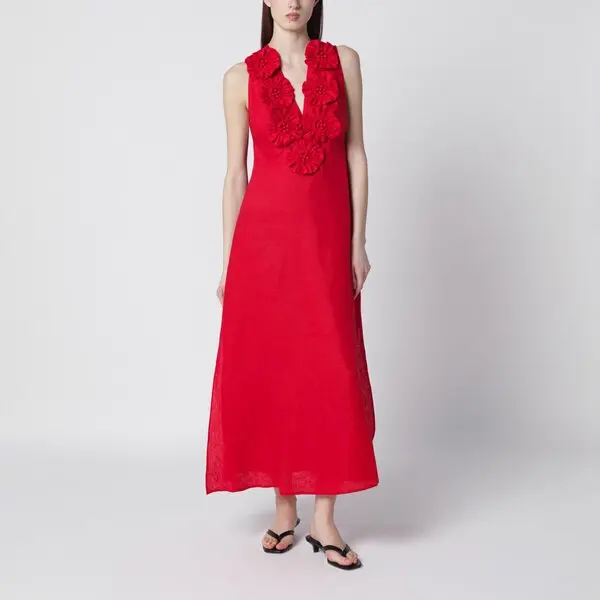Farm Rio Linen Dress With Floral Appliqués