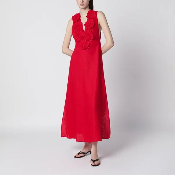Farm Rio Linen Dress With Floral Appliqués