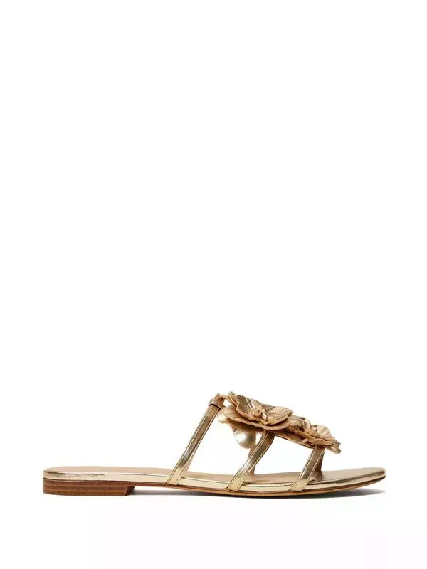 TWINSET Flat Leather Sandals With Floral Embellishment - Gold