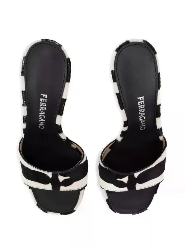 FERRAGAMO Pony-skin Zebra Print Heeled Slides - Black