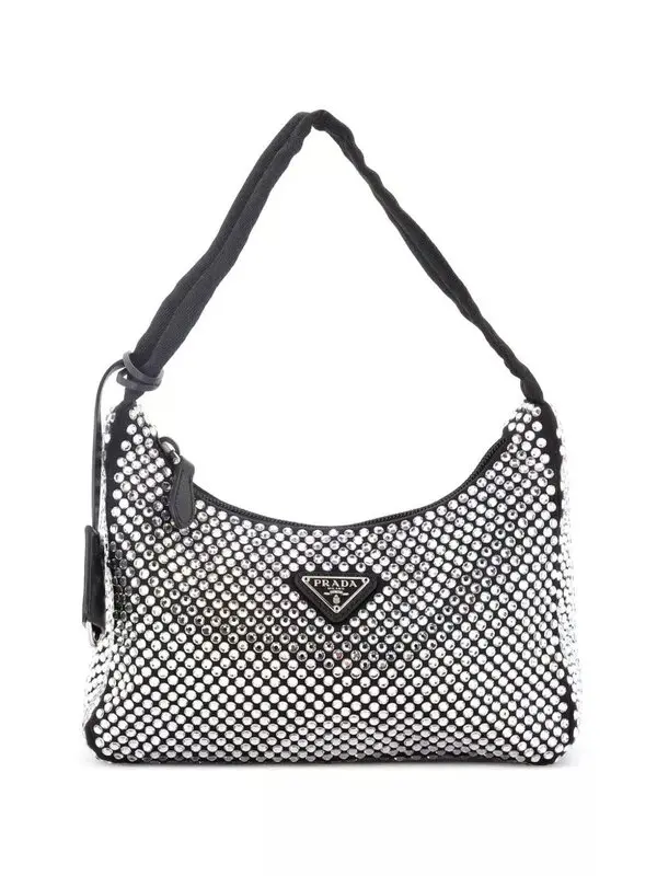 Prada Re-edition 2000 Crystal Embellished Satin Mini Hobo Bag - Black