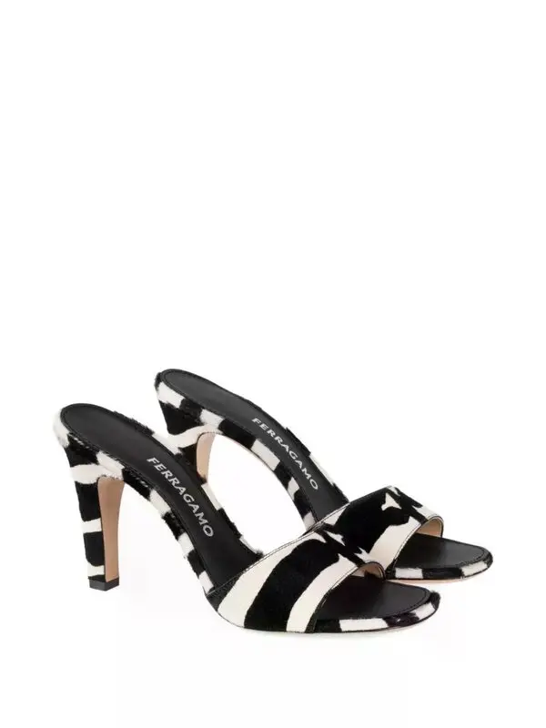 FERRAGAMO Pony-skin Zebra Print Heeled Slides - Black