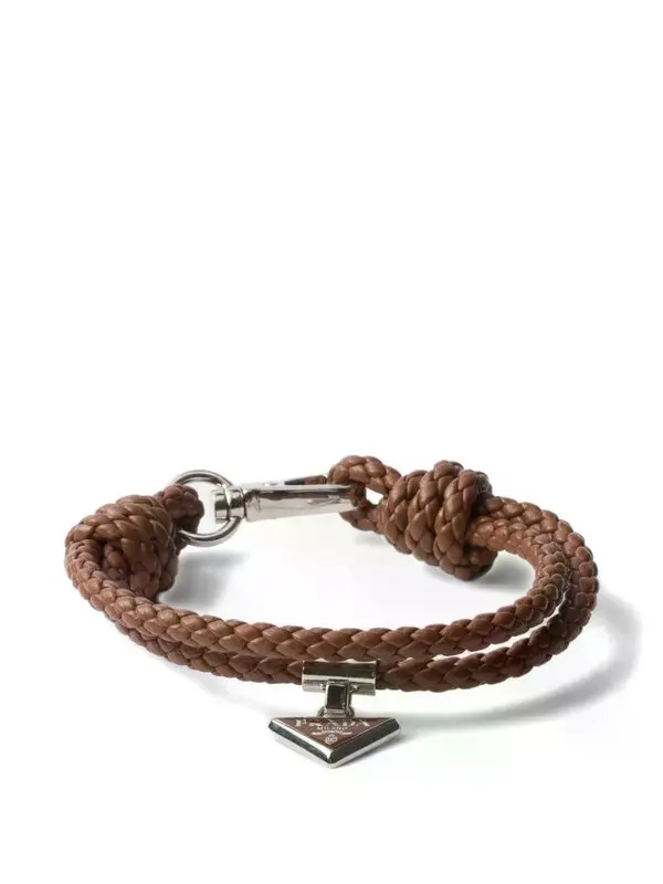 Prada Braided Nappa Leather Bracelet With Triangle Logo Clasp - Brown