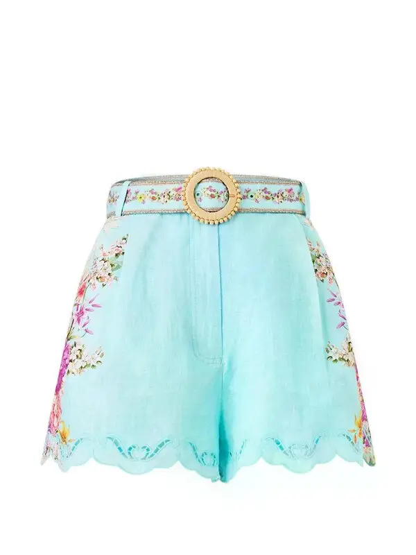 Camilla Floral Print Tuck Front Shorts - Blue