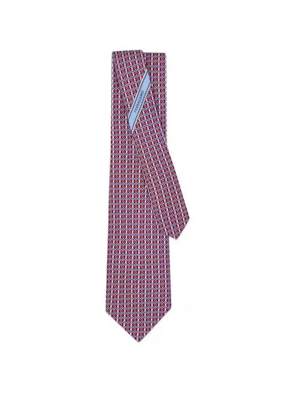 FERRAGAMO Gancini Chain Print Silk Tie - Red