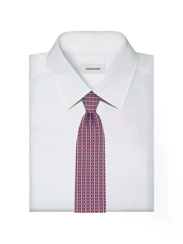 FERRAGAMO Gancini Chain Print Silk Tie - Red