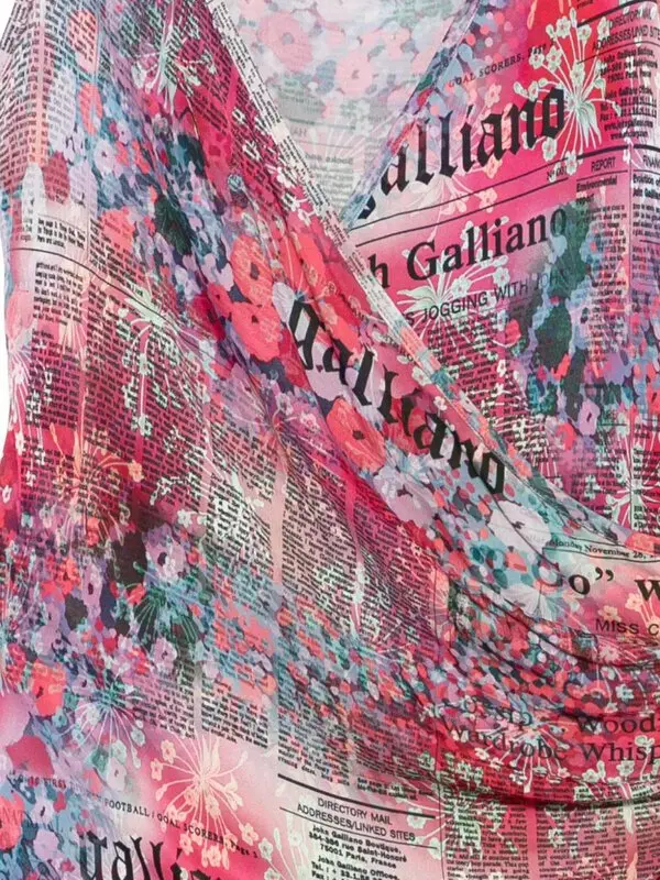 newspaper print dress pink Vintage John Galliano Floral Newspaper Print Stretch Surplice Dress  Recess