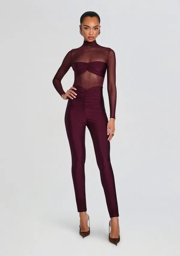 SEROYA Brietta Bandeau Mesh Catsuit - Merlot