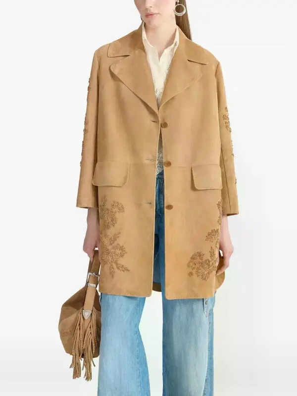 Ermanno Scervino Floral Embroidered Suede Coat - Neutrals