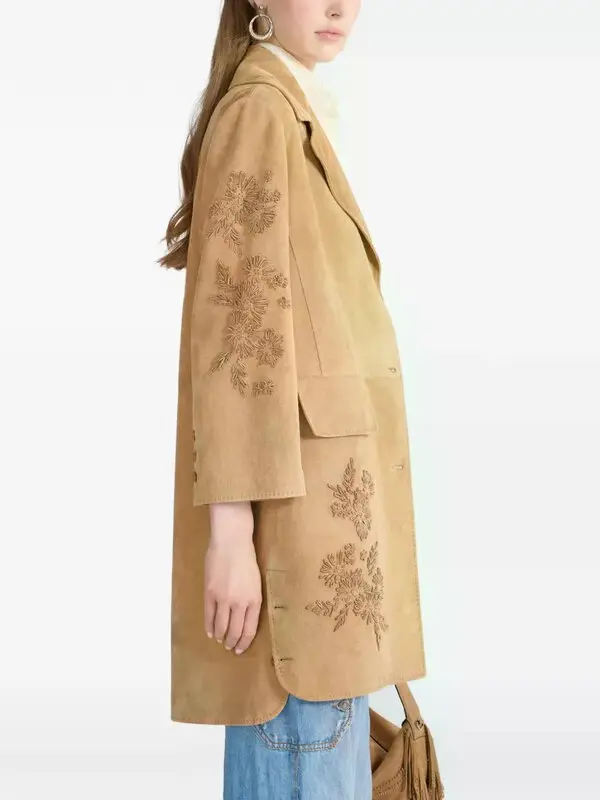 Ermanno Scervino Floral Embroidered Suede Coat - Neutrals